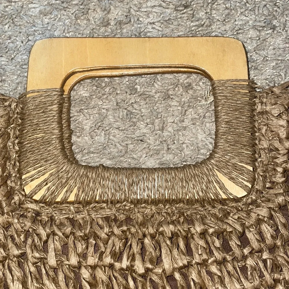 Bags | Nwot Straw Boho Hand Knittedwoven Tote With Wood Handles | Poshmark